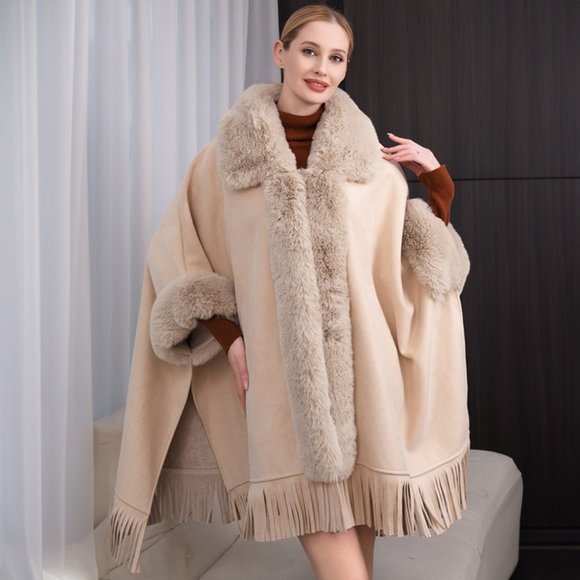 Jackets & Coats | Faux Fur Trimmed Solid Fringe Ruana Poncho | Poshmark